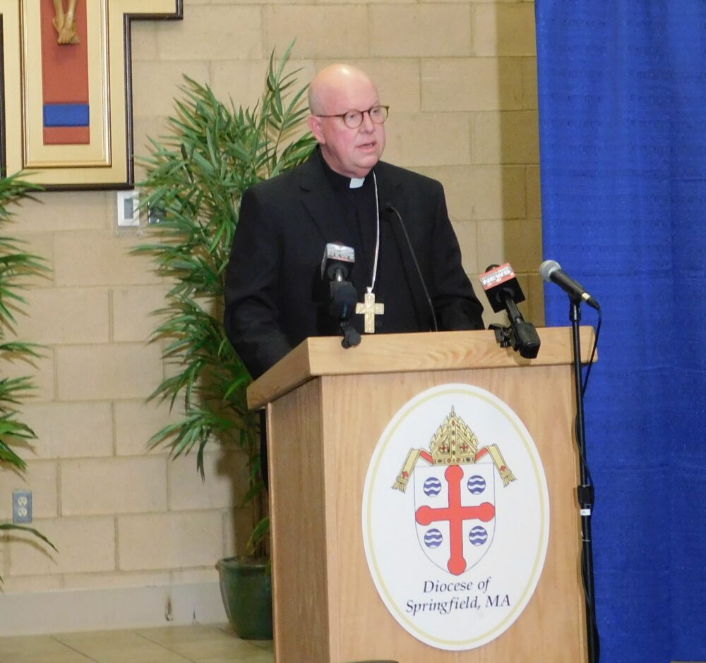 Bishop William Byrne speaks at a 2021 press conference in the Marshall ...