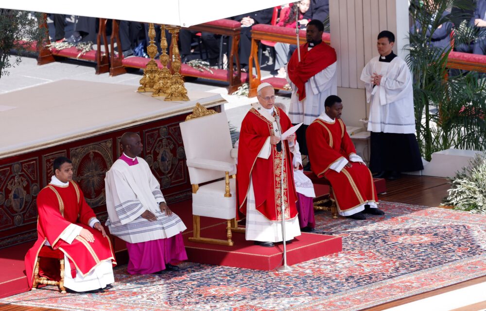 Pope Leo XIV delivers a homily during the Palm Sunday Mass in St. Peter ...